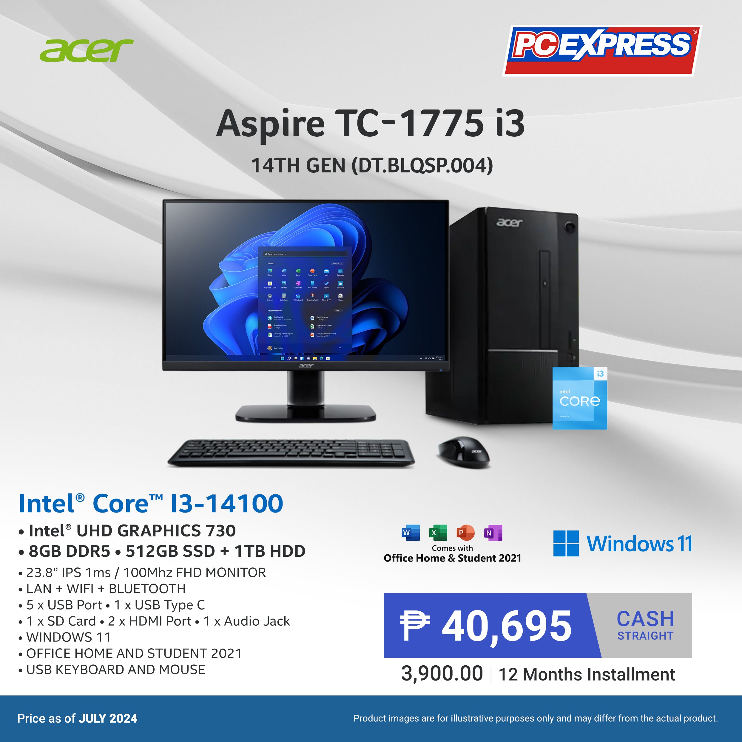 Acer Aspire TC-1775 Intel® Core™ i3 14th Gen (DT.BLQSP.004) Desktop Pa ...