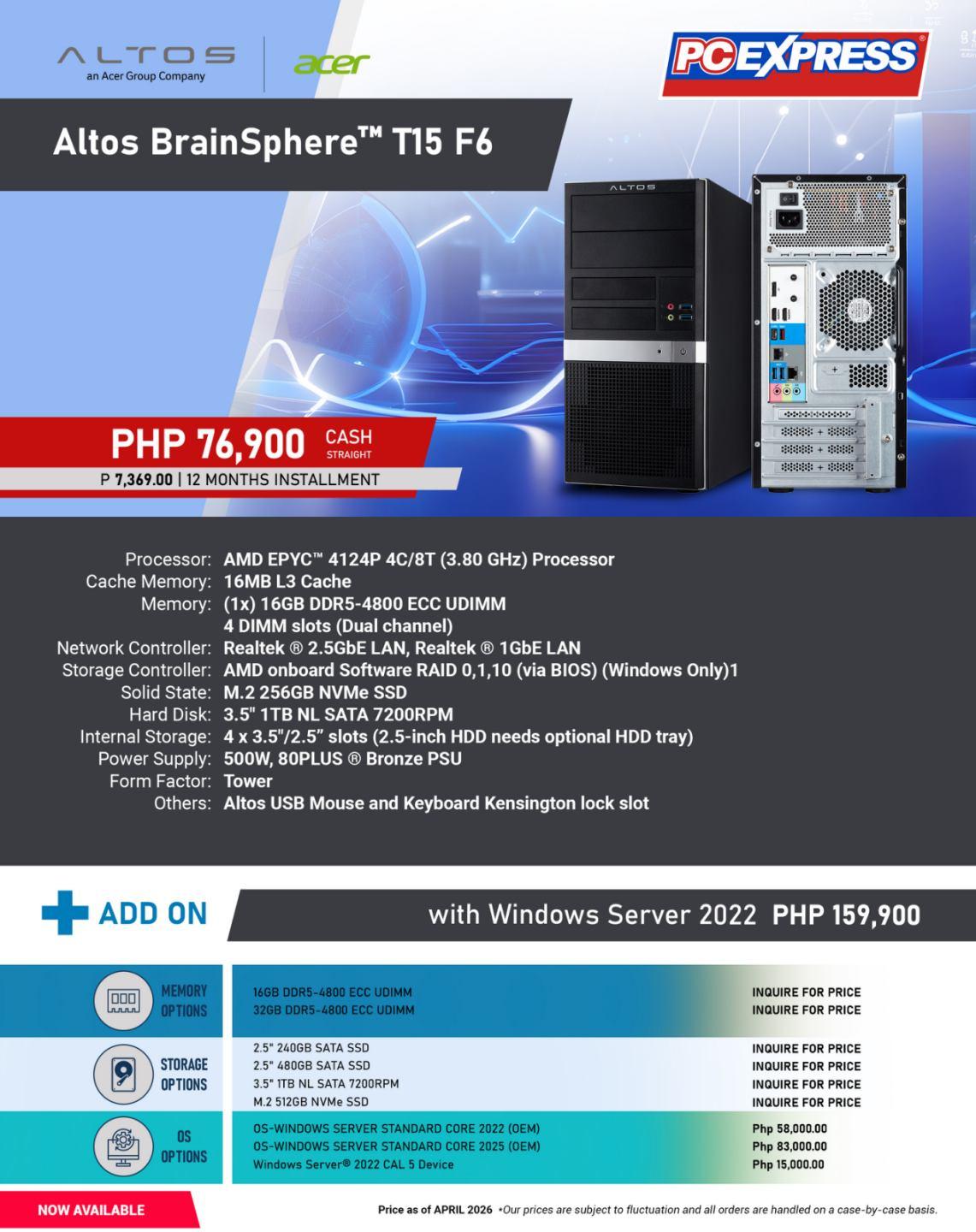 ACER Altos BrainSphere™ T15 F6 (US.RUHTL.009/004) Tower Server – PC Express