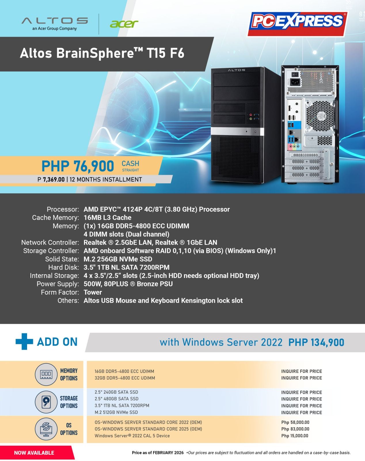 ACER Altos BrainSphere™ T15 F6 (US.RUHTL.009/004) Tower Server – PC Express