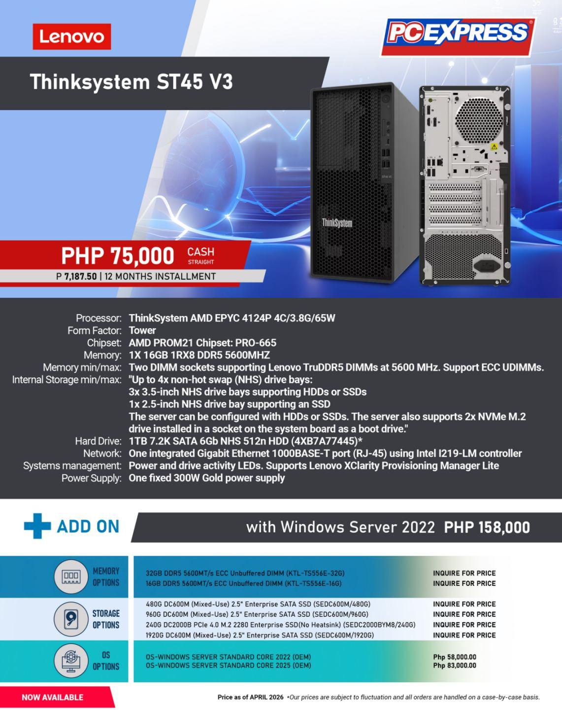 LENOVO Thinksystem ST45 V3 (7DH5A00YAP) Tower Server – PC Express
